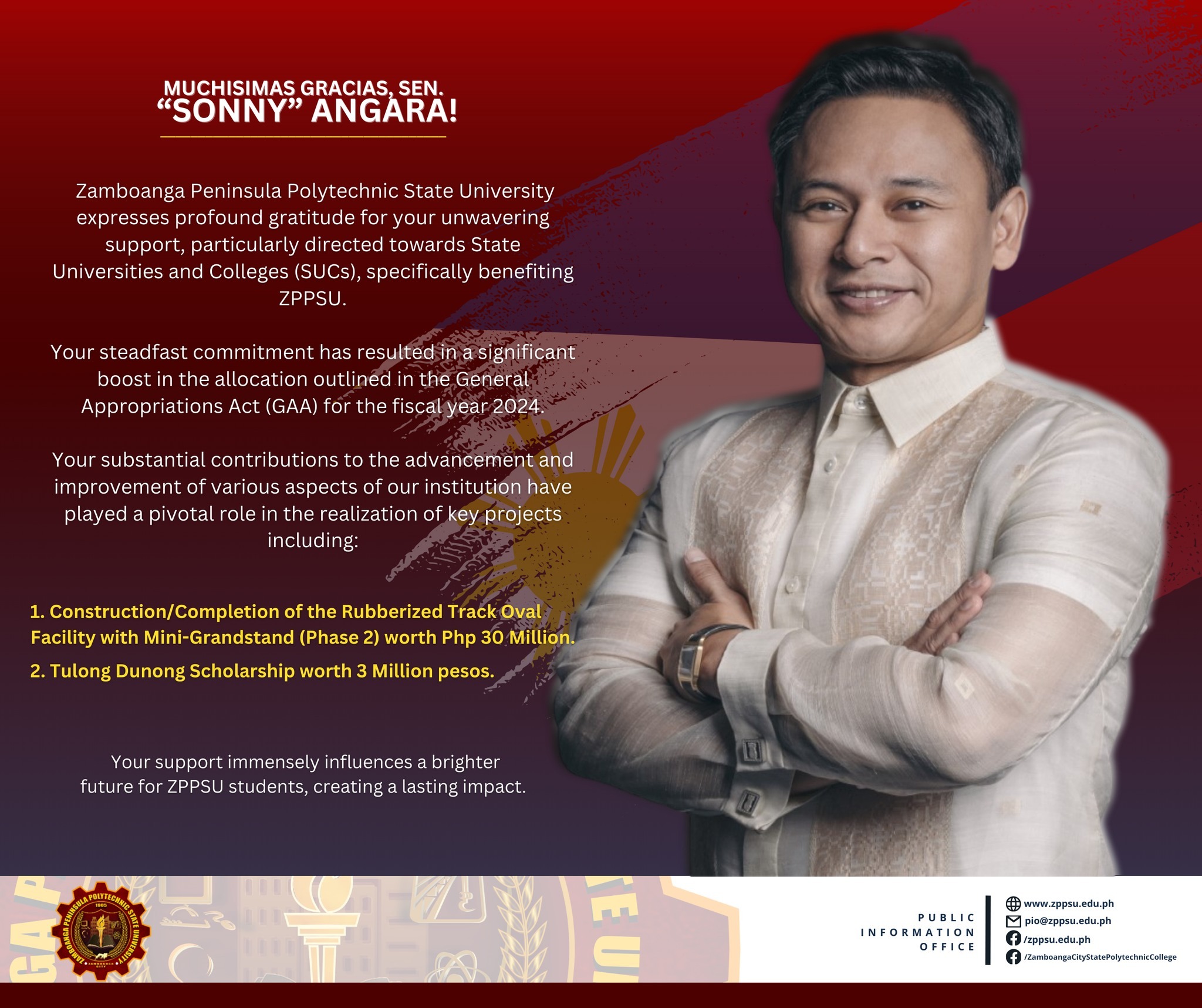 MUCHISIMAS GRACIAS! Senator “Sonny” Angara | Zamboanga Peninsula Polytechnic State University